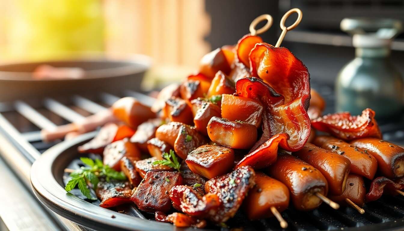 Brochettes de bœuf, saucisse et lard fumé au barbecue